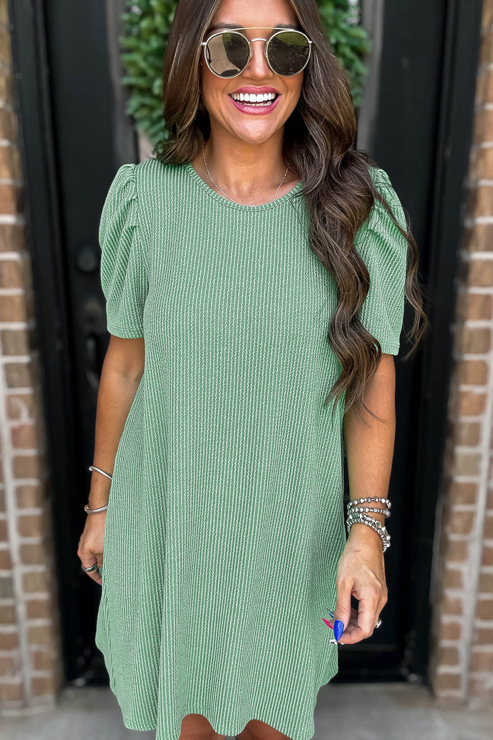 $7.05 Mint Green Corded Knit Crew Neck Puff Sleeve Shift Mini Dress ...