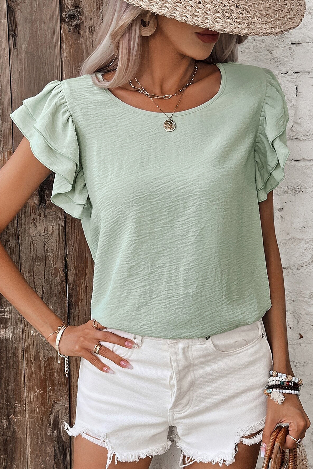 $4 Clearly Aqua Solid Color Ruffled Short Sleeve Casual Blouse Wholesale