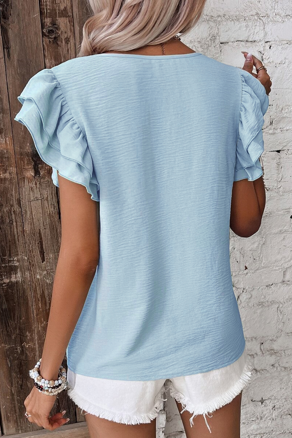 $4 Mist Blue Solid Color Ruffled Short Sleeve Casual Blouse Wholesale