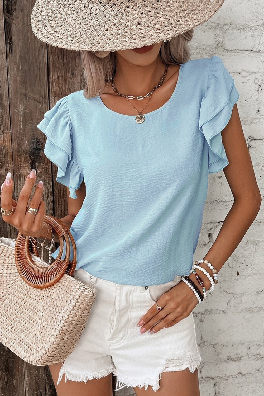 $4 Mist Blue Solid Color Ruffled Short Sleeve Casual Blouse Wholesale