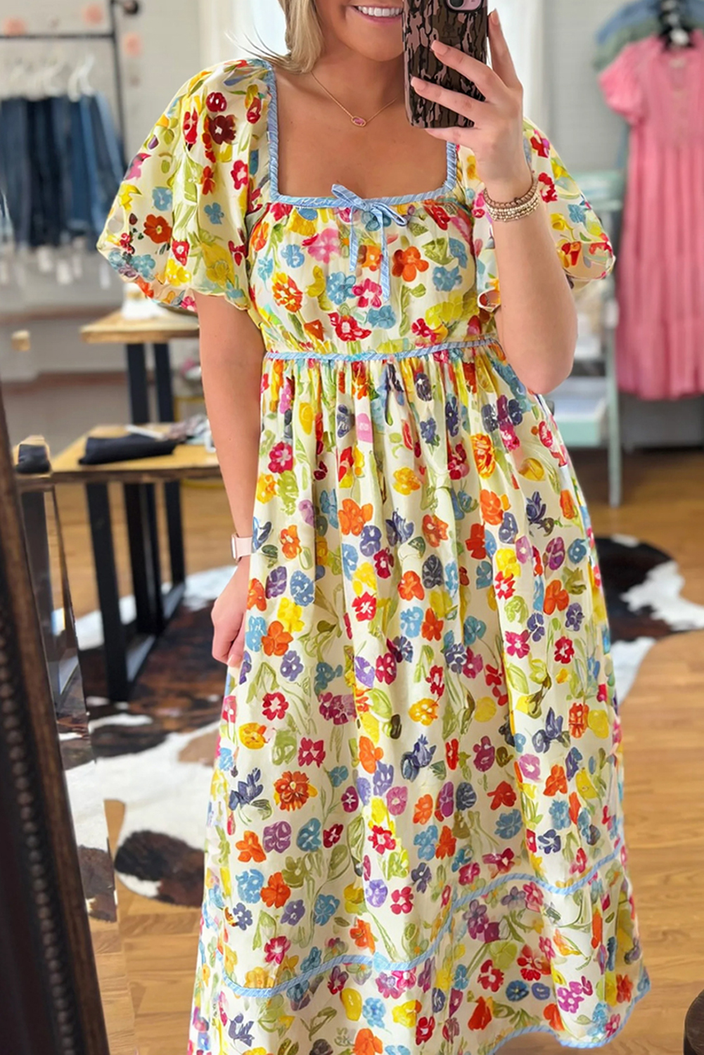 $11.98 Yellow Floral Print Bow Decor Square Neck High Waist Maxi Dress ...