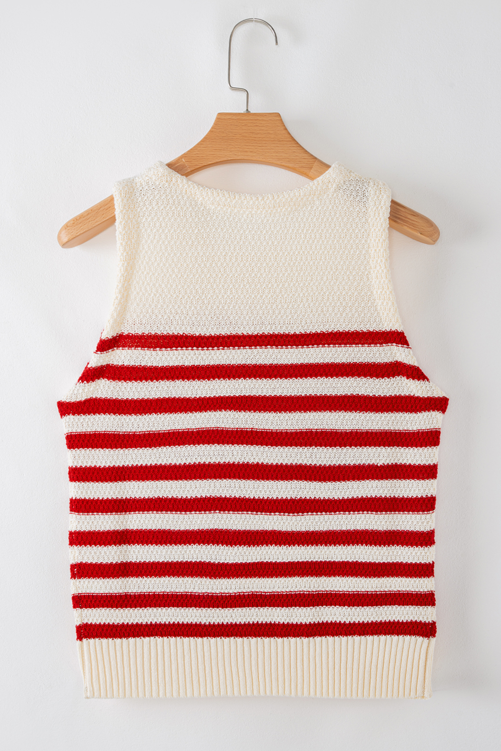 $8.2 Red Stripe Textured Knit Ribbed Hem Sweater Tank Top Wholesale