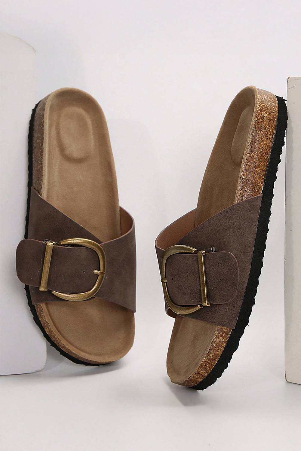 $5.7 Coffee Buckle Decor Faux Suede Thick Sole Slippers Wholesale
