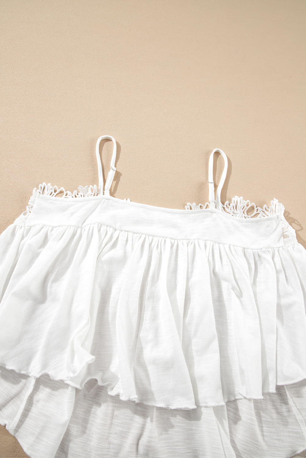 $4.95 White Lace Splicing Spaghetti Straps Ruffle Flared Tank Top Wholesale