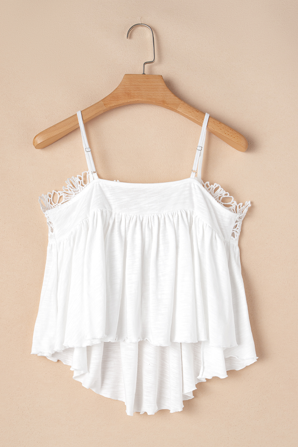 $4.95 White Lace Splicing Spaghetti Straps Ruffle Flared Tank Top Wholesale