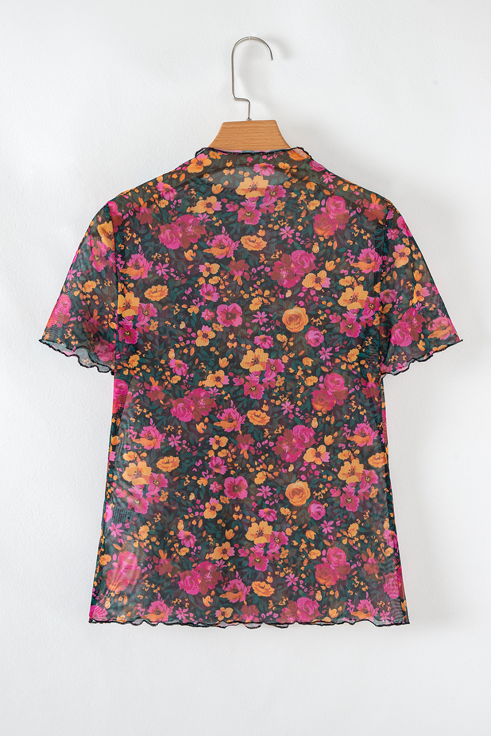 $3.98 Rose Floral Print Mesh Stand Neck Short Sleeve Top Wholesale