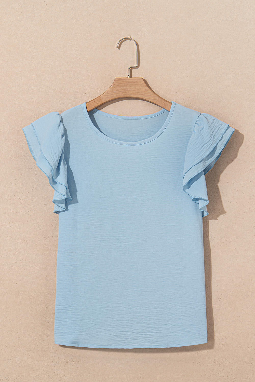 $4 Mist Blue Solid Color Ruffled Short Sleeve Casual Blouse Wholesale