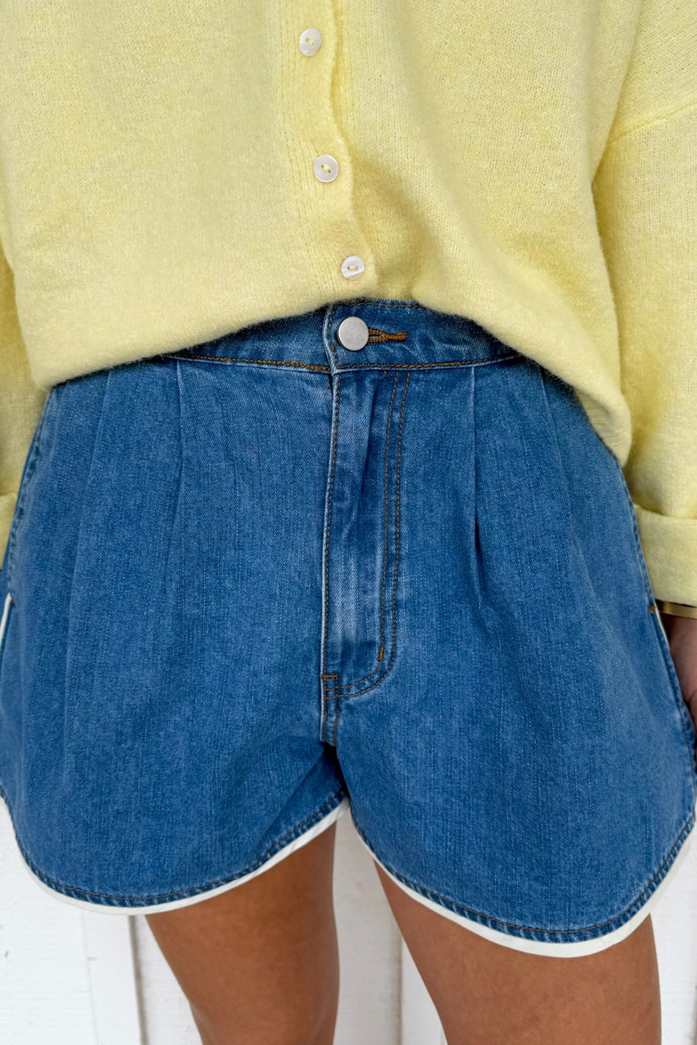 $8.49 Prussian Blue High Waist Colorblock Trim Pleated Denim Shorts ...