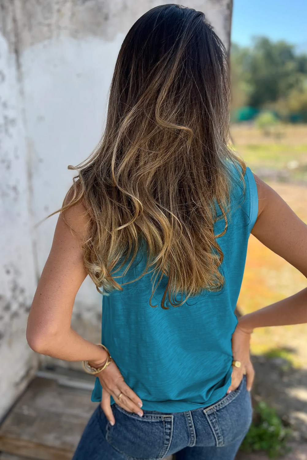 $3.25 Peacock Blue Metallic Sheen Edge Scoop Neck Tank Top Wholesale
