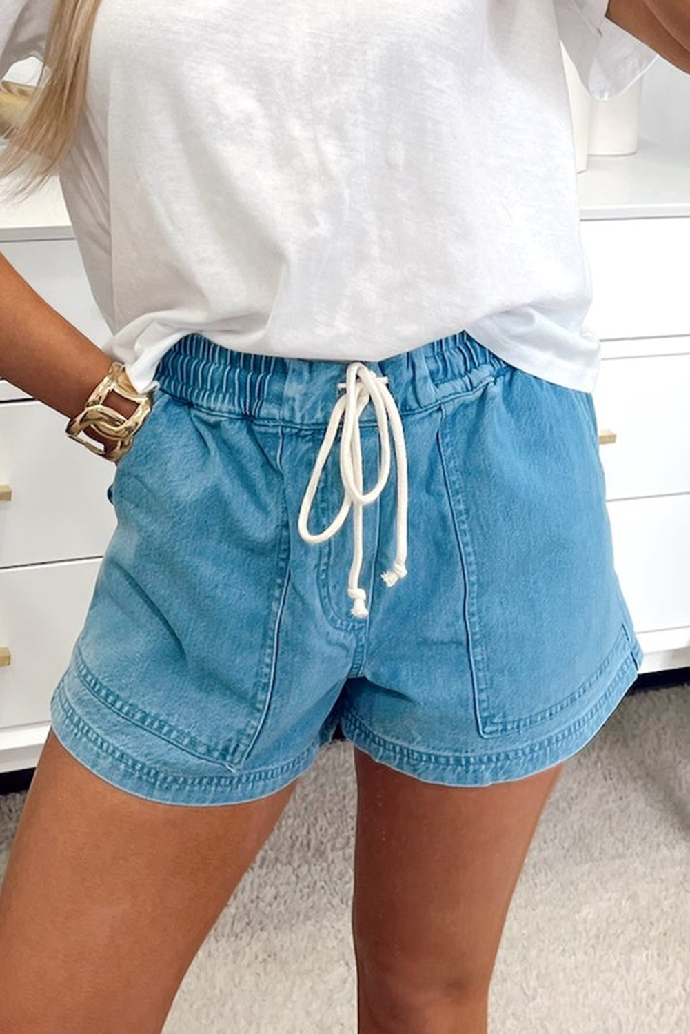 $7.85 Beau Blue Contrast Drawstring Elastic Waist Denim Shorts Wholesale