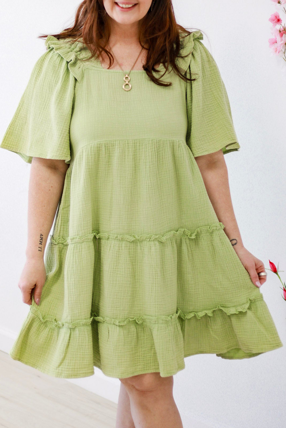 $11.29 Light Green Plus Size Textured Frilly Detail Short Sleeve A-line ...