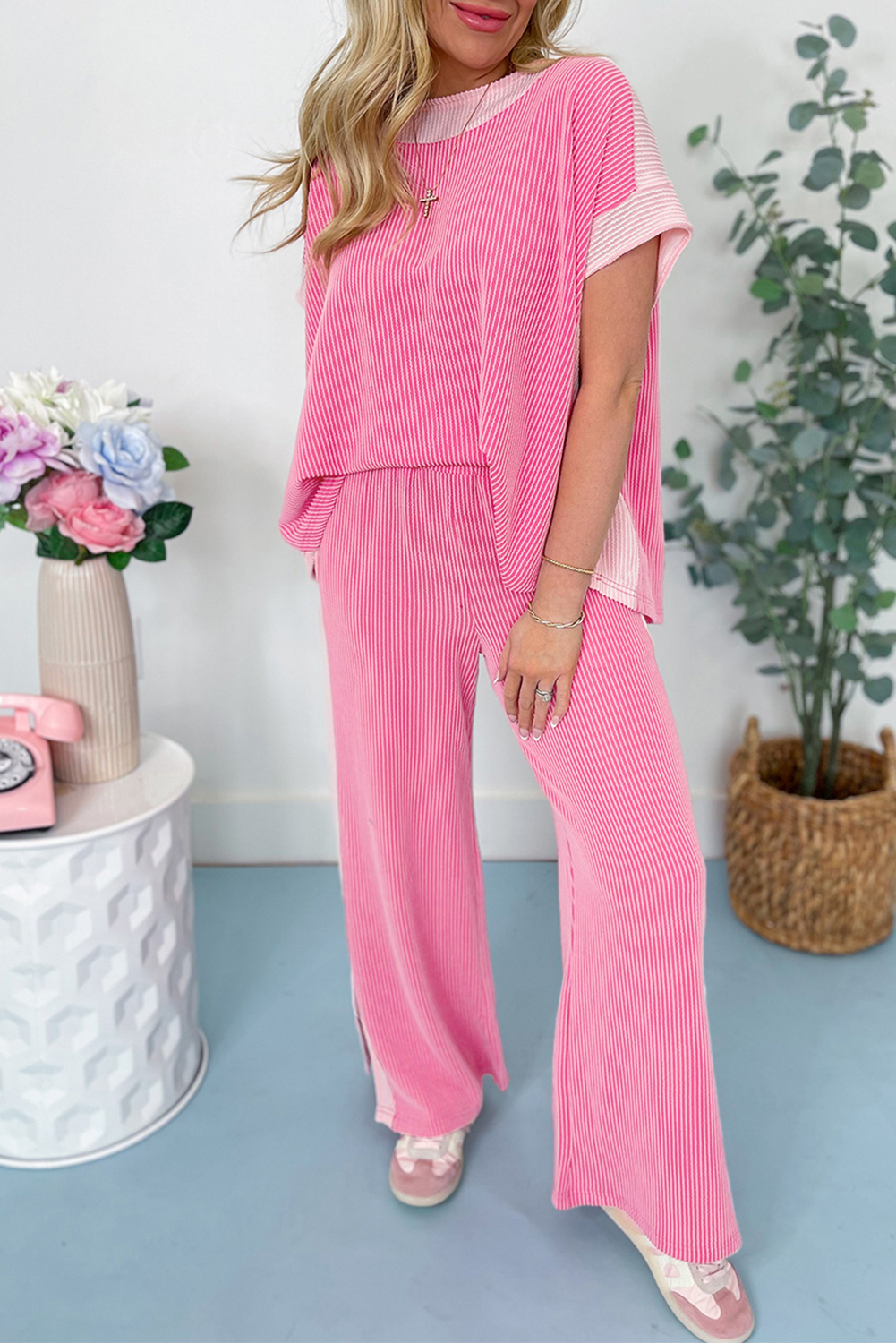 $12.4 Sachet Pink 2-tone Colorblock Patchwork Corded 2pcs Outfit Wholesale