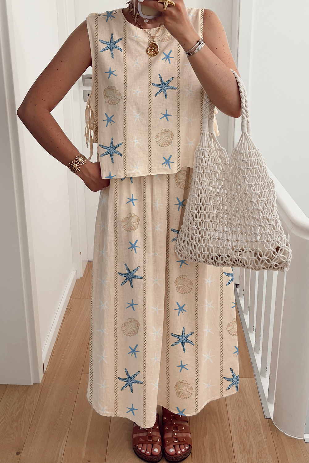 $12.69 Khaki Striped Seashell Print Relaxed Tank and Skirt 2pcs Outfit ...