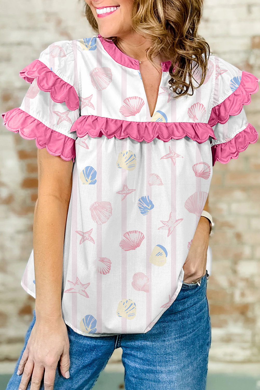 $7.9 Pink Striped Seashell Print Contrast Ruffle Trim Notched Neck ...