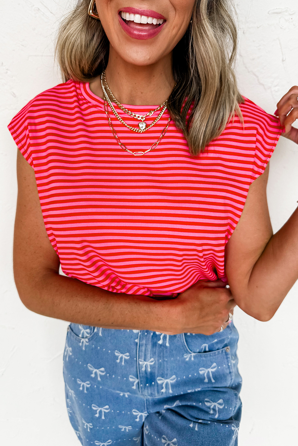 $4.05 Red Stripe Ribbed Cap Sleeve Round Neck T Shirt Wholesale