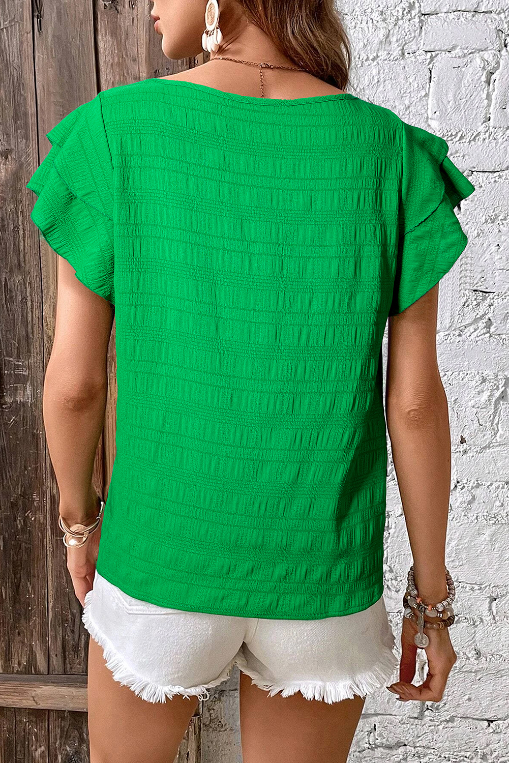 $2.9 Dark Green Textured Ruffled Sleeve Round Neck Top Wholesale