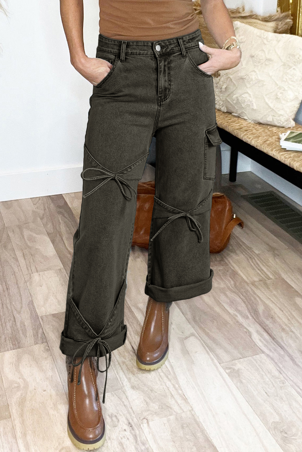 $14.9 Philippine Gray Bowknot Decor Boyfriend Cargo Jeans Wholesale