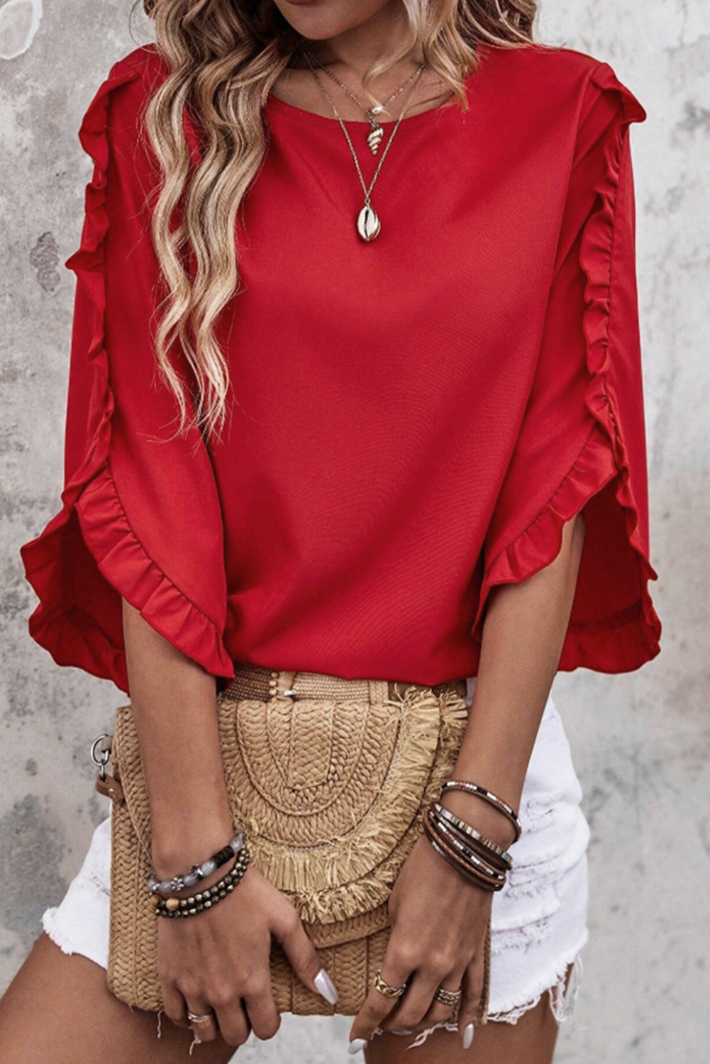 $4.6 Fiery Red Ruffle Trimmed 3/4 Sleeve Round Neck Blouse Wholesale