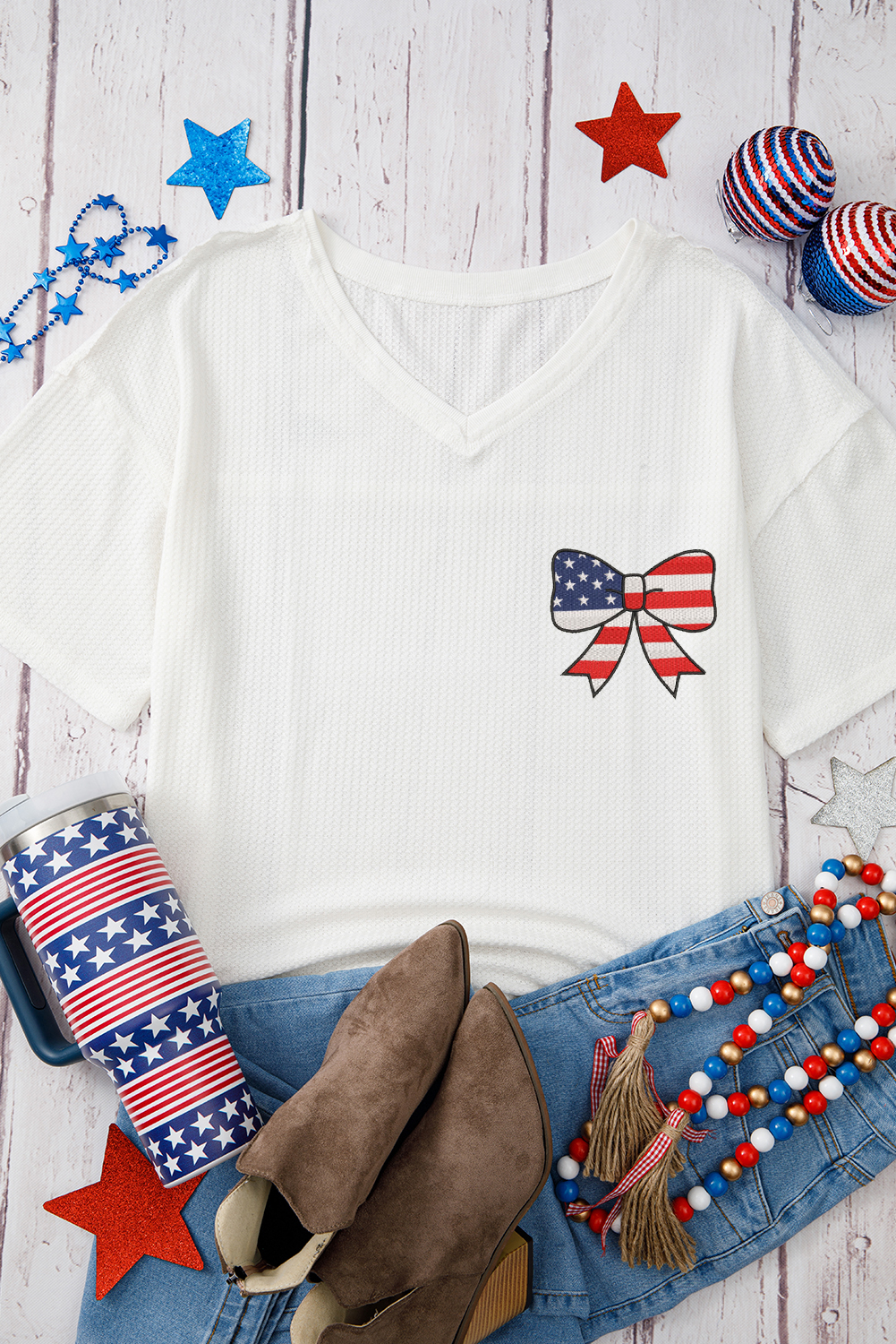 $7.65 White Embroidered Stars Stripes Bowknot Logo Textured Knit T ...