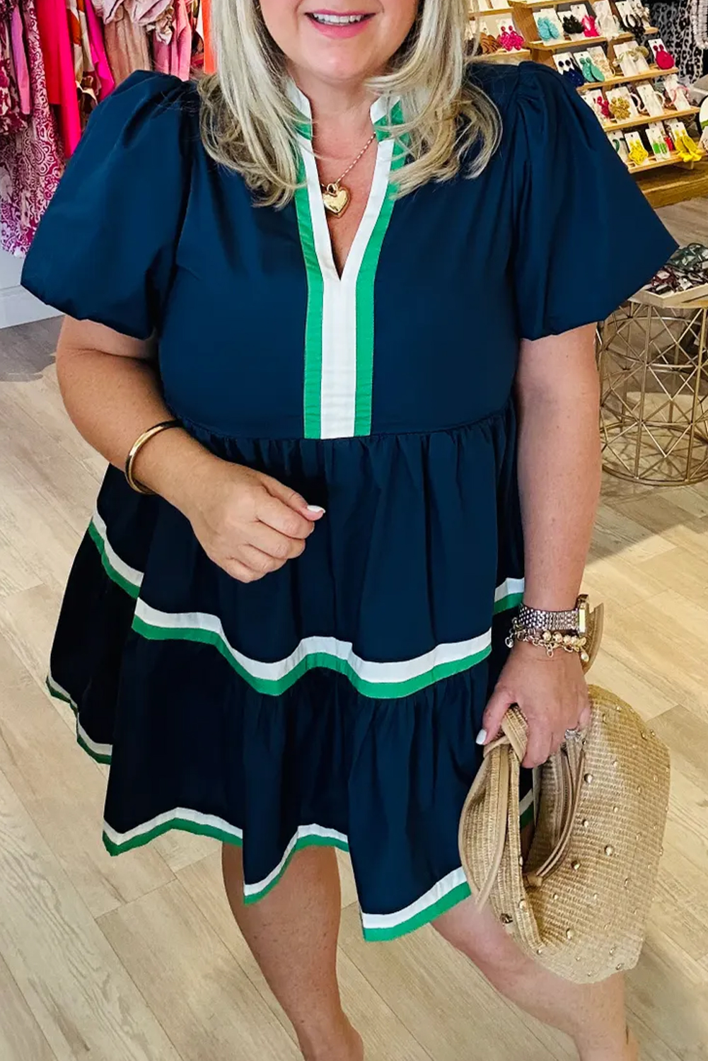 $10.98 Navy Blue Color Block Puff Sleeve Plus Size Mini Dress Wholesale