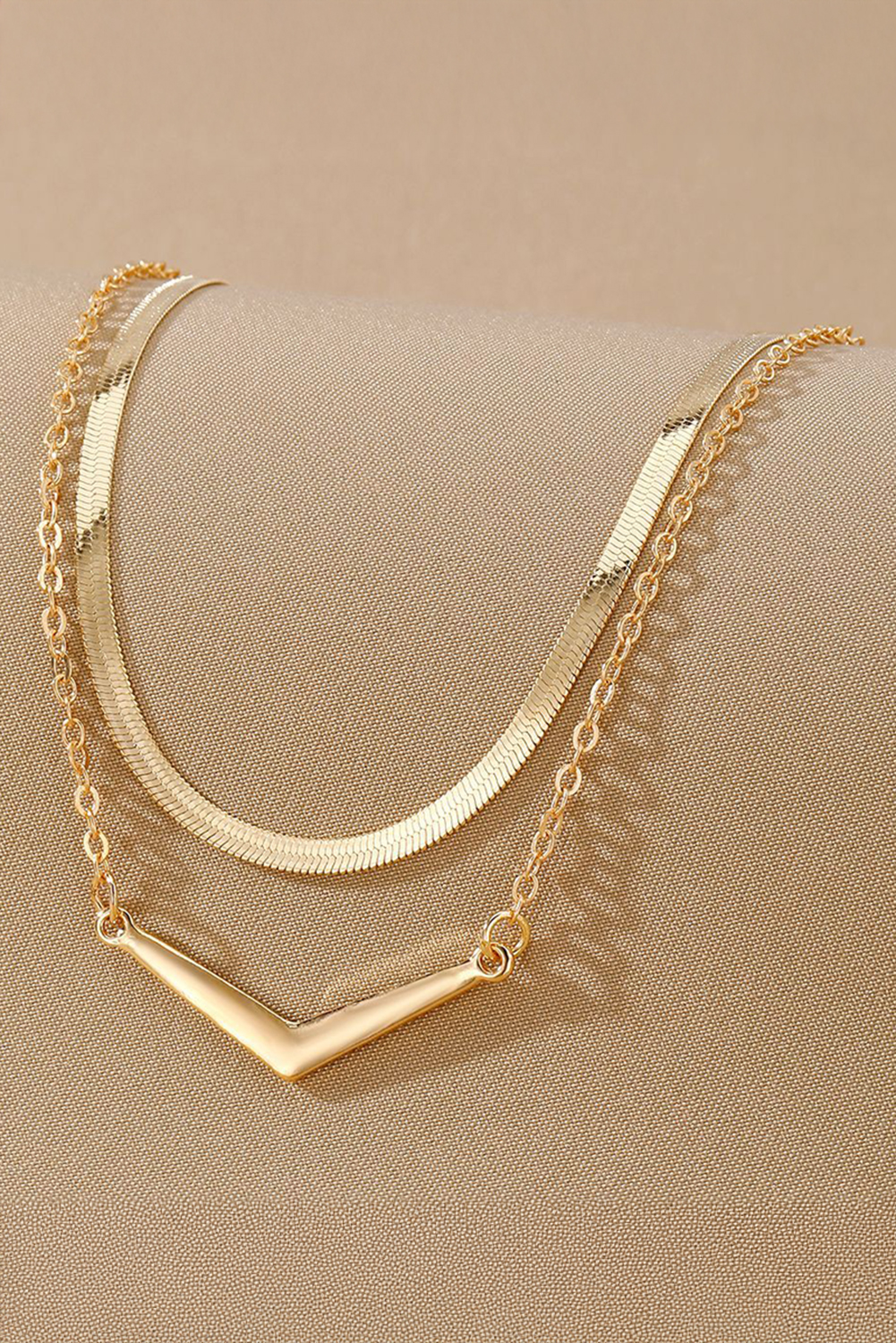 $1.8 Gold V-shape Pendant Snake Bone Chain Double Layer Necklace Wholesale