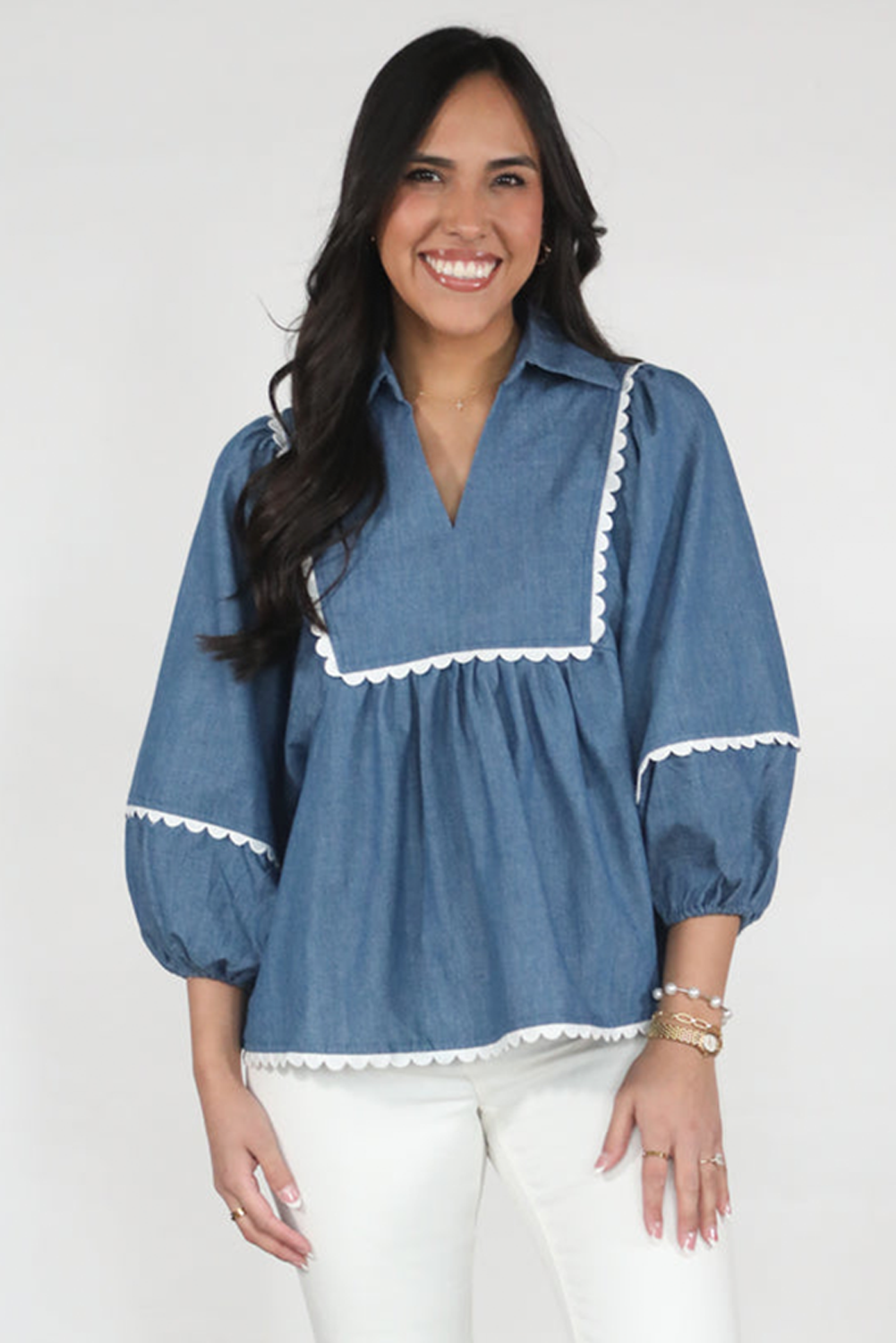 $12.98 Dusk Blue Lace Ric Rac 3/4 Puff Sleeve Collared Denim Blouse ...