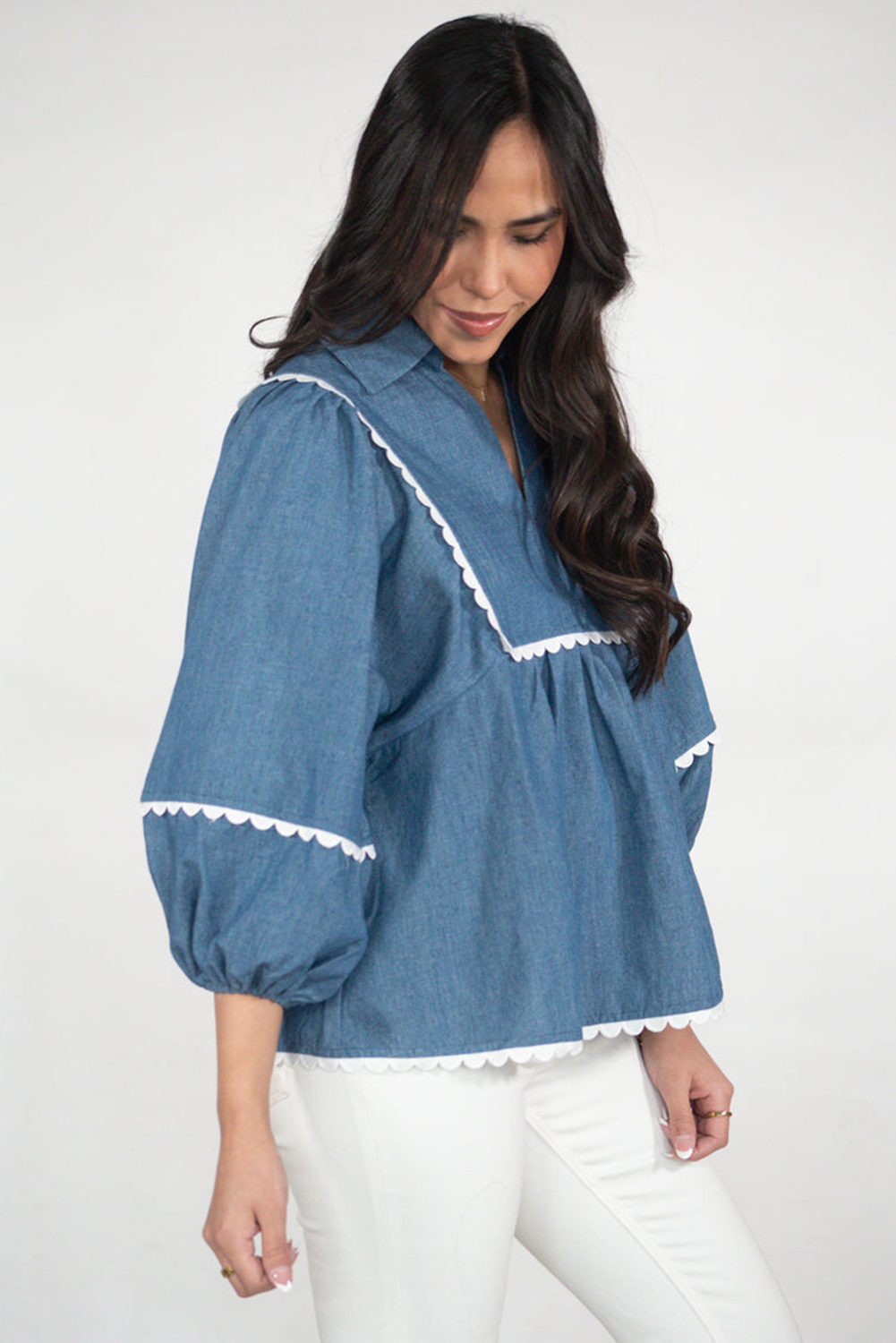 $12.98 Dusk Blue Lace Ric Rac 3/4 Puff Sleeve Collared Denim Blouse ...