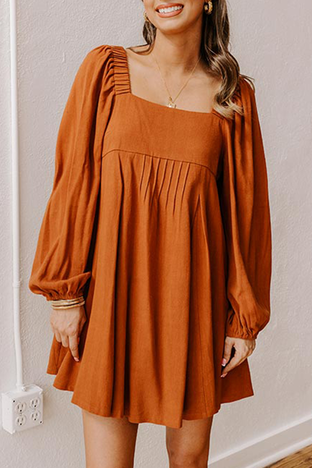 $9.7 Thai Curry Linen Blend Long Sleeve Square Neck Pleated Mini Dress ...