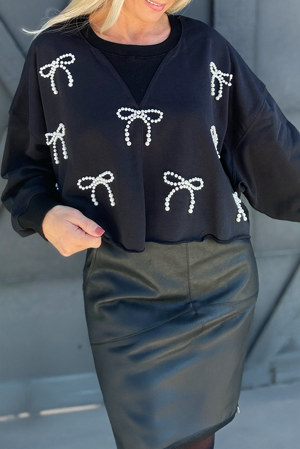 $9.89 Black Pearl Bow Detail Contrast Neckline Patchwork Raw Hem ...