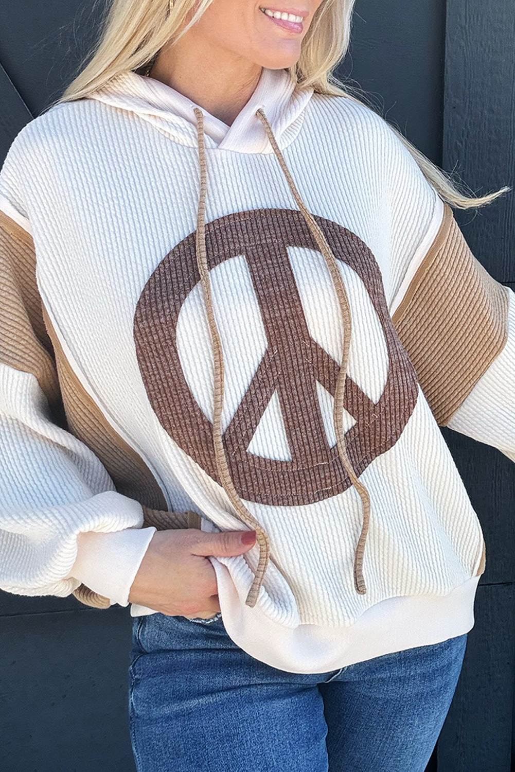 $9.59 White Twisted Rib Texture Peace Sign Print Colorblock Patchwork ...