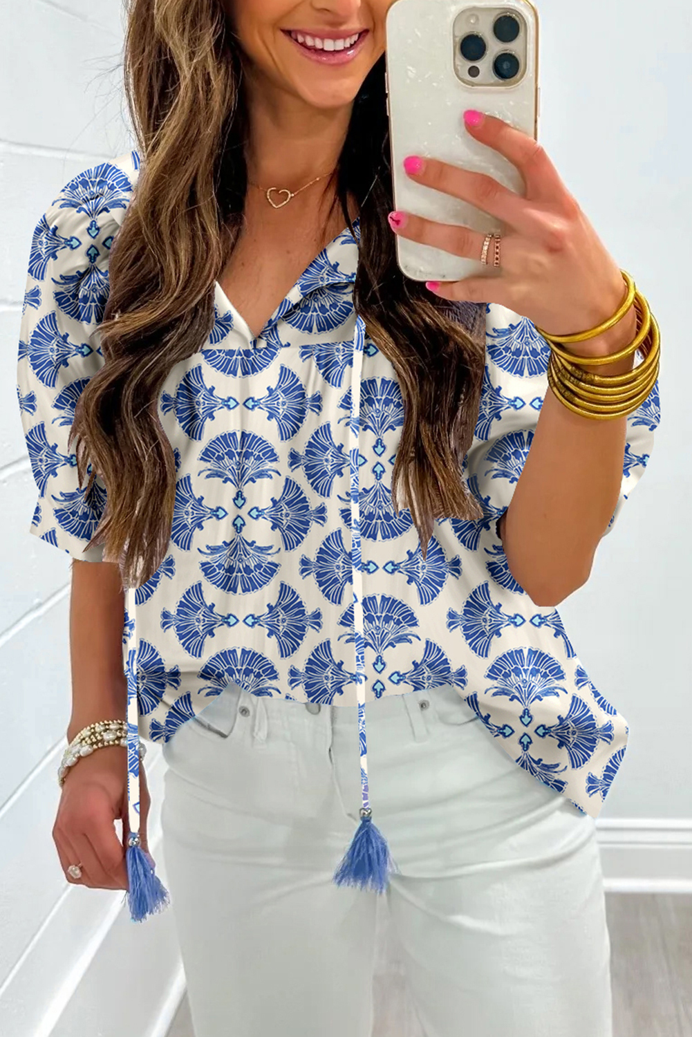 $6 Sky Blue Geometric Print Tassel Drawstring V Neck Blouse Wholesale