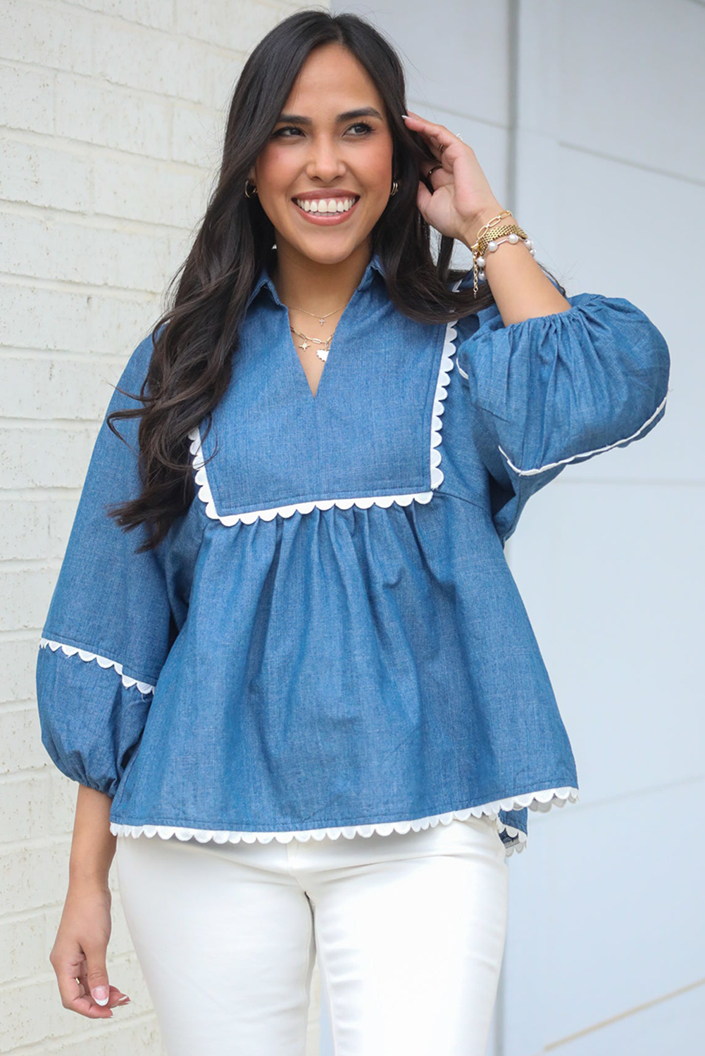 $10.65 Dusk Blue Lace Ric Rac 3/4 Puff Sleeve Collared Babydoll Blouse ...