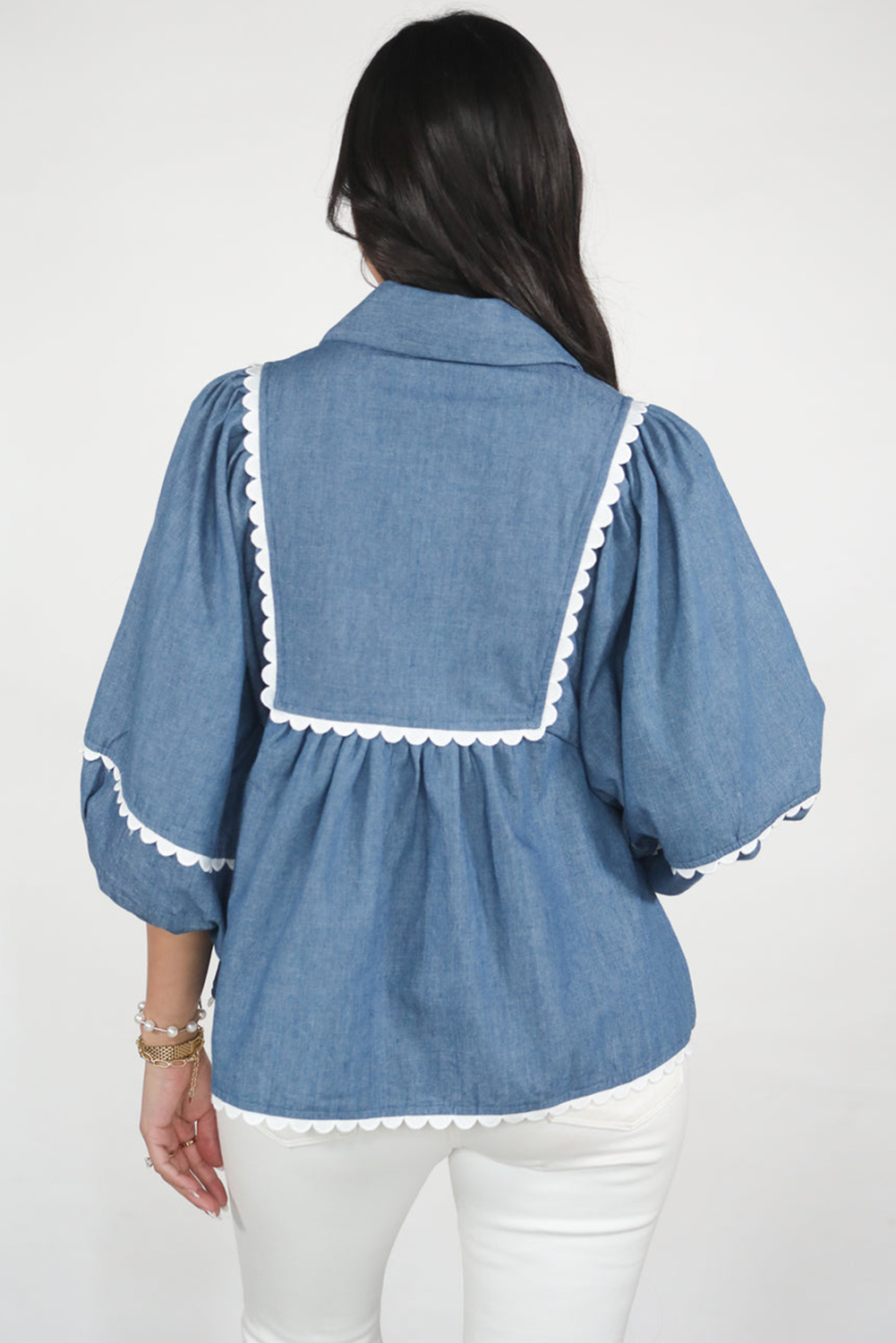 $10.65 Dusk Blue Lace Ric Rac 3/4 Puff Sleeve Collared Babydoll Blouse ...