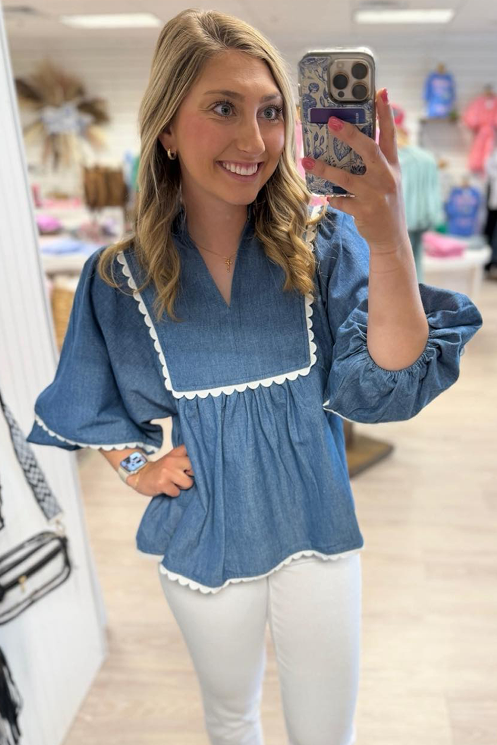 $10.65 Dusk Blue Lace Ric Rac 3/4 Puff Sleeve Collared Babydoll Blouse ...