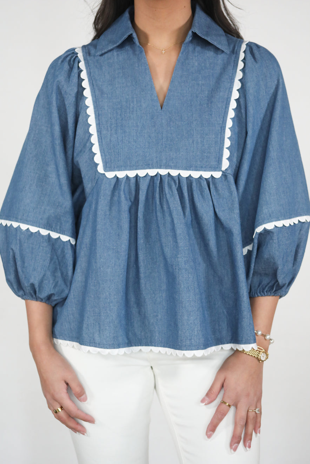 $10.65 Dusk Blue Lace Ric Rac 3/4 Puff Sleeve Collared Babydoll Blouse ...