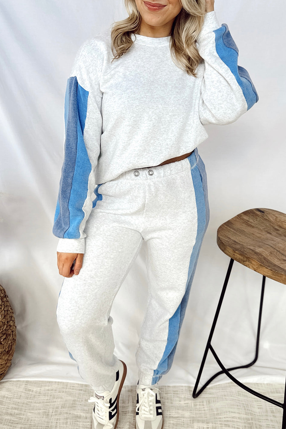 $14.79 Light Blue Contrast Color Patchwork Drop Shoulder Pullover and ...