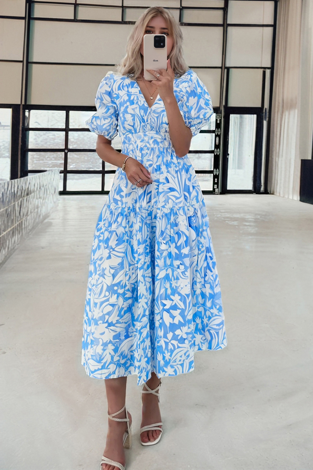 $11 Sky Blue Floral V Neck Puff Short Sleeve Flowy Long Dress Wholesale