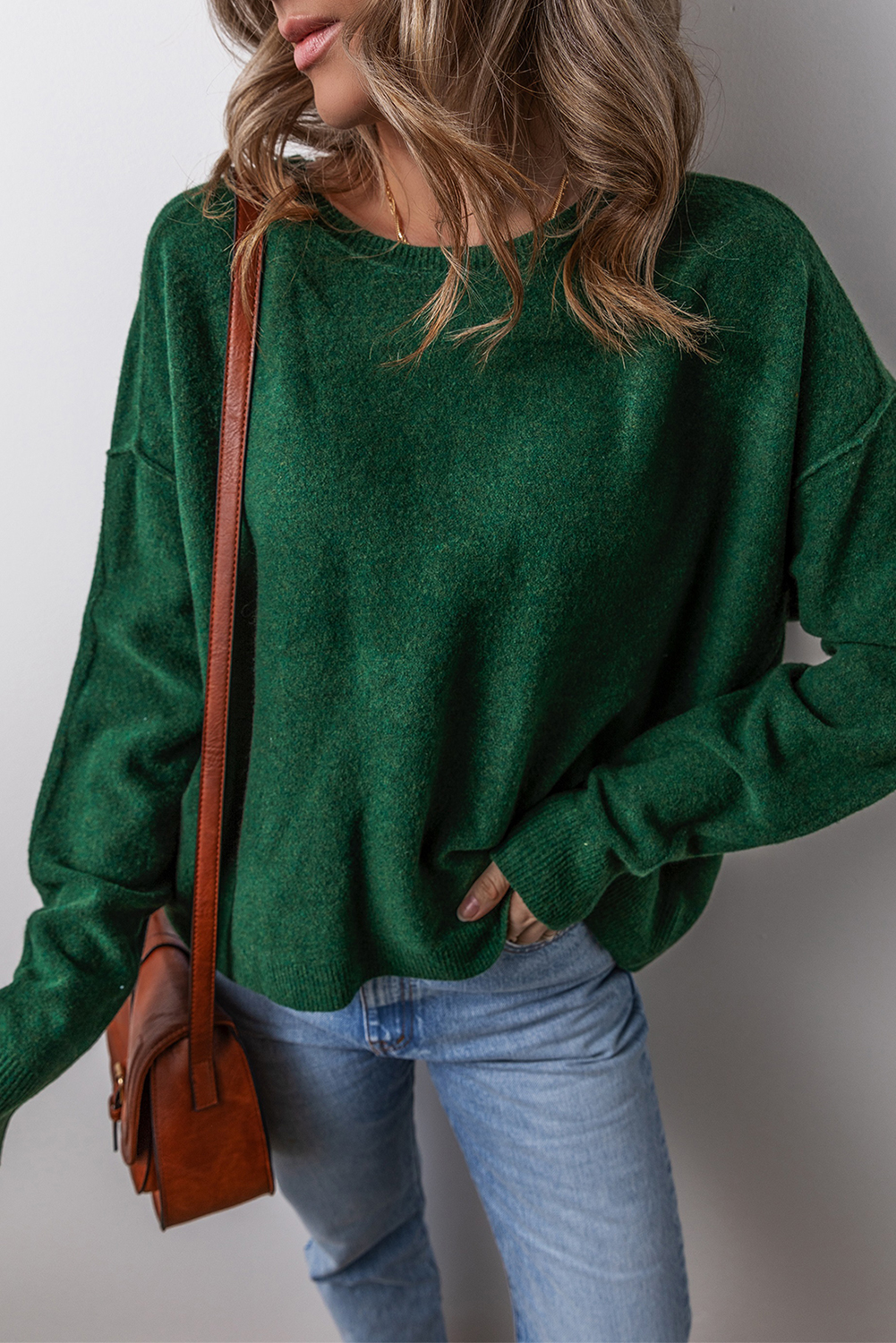 $8.75 Blackish Green Plain Drop Sleeve Crew Neck Loose Sweater Wholesale