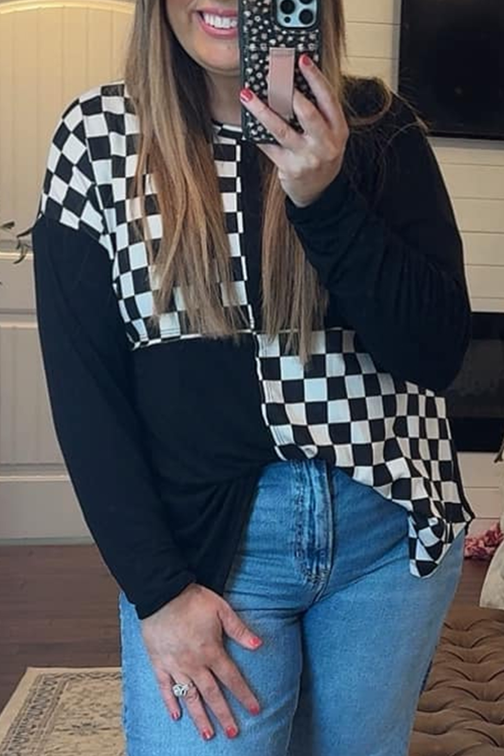 $9.12 Black Plus Size Checkered Colorblock Patchwork Drop Shoulder ...