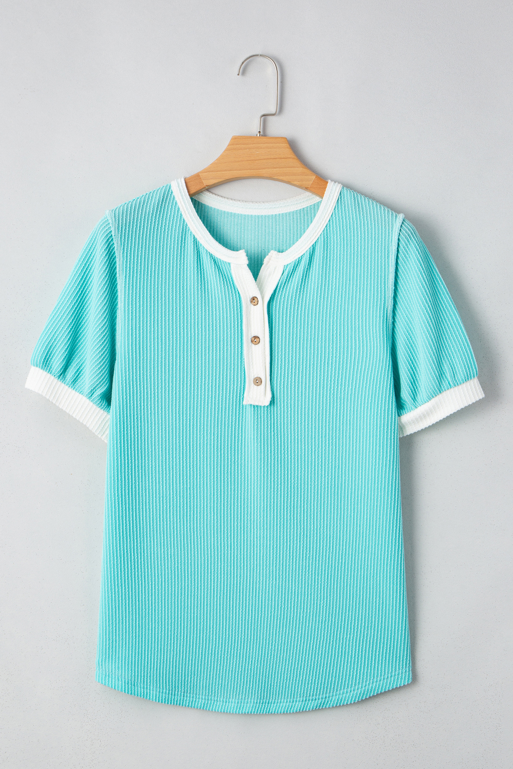 $4.7 Turquoise Corded Colorblock Buttons Henley T Shirt Wholesale