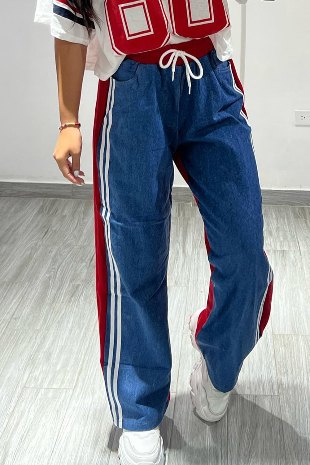 $11.6 Red Varsity Striped Detail Colorblock Patchwork Drawstring Jeans ...