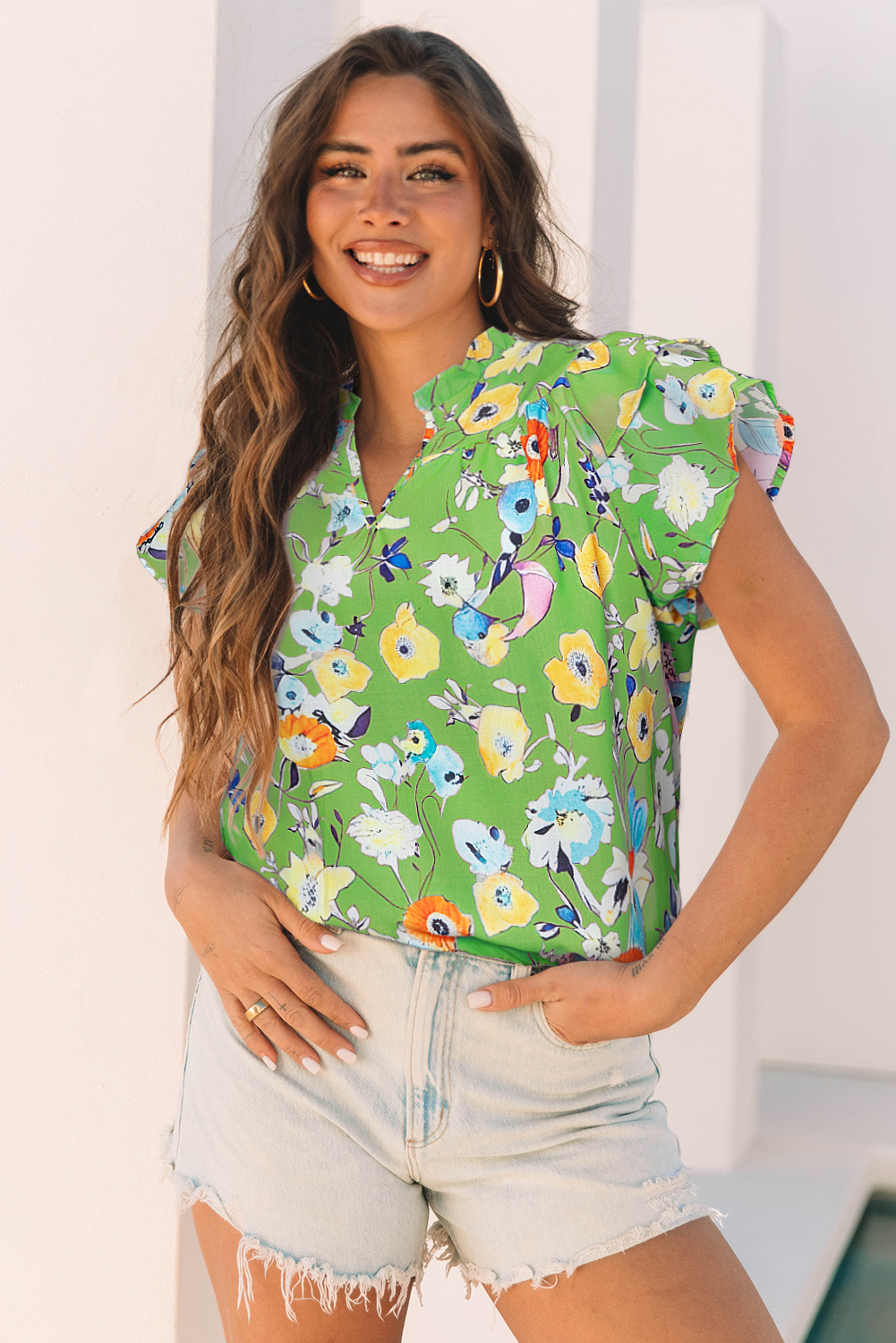 $5.25 Green Flutter Sleeve V Neck Floral Top Wholesale
