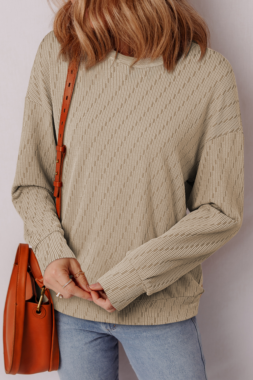 $5.15 Straw Yellow Solid Color Textured Long Sleeve Top Wholesale