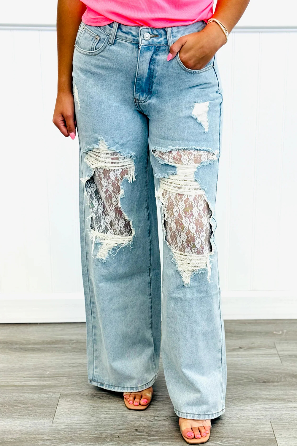$12.89 Beau Blue High Rise Lace Insert Distressed Denim Jeans Wholesale