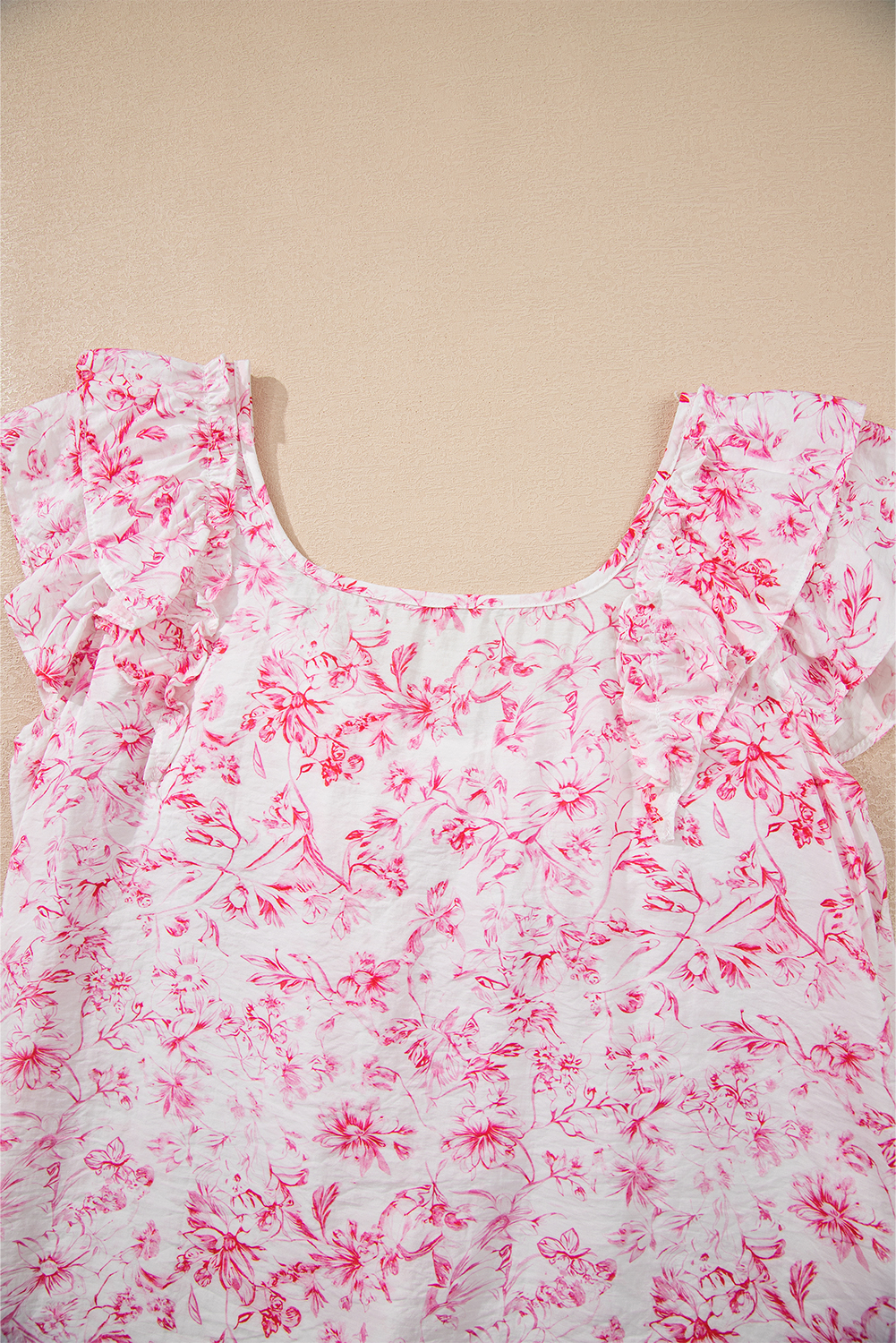 $6.3 Pink Floral Ruffled Short Sleeve Bow Back Square Neck Blouse Wholesale