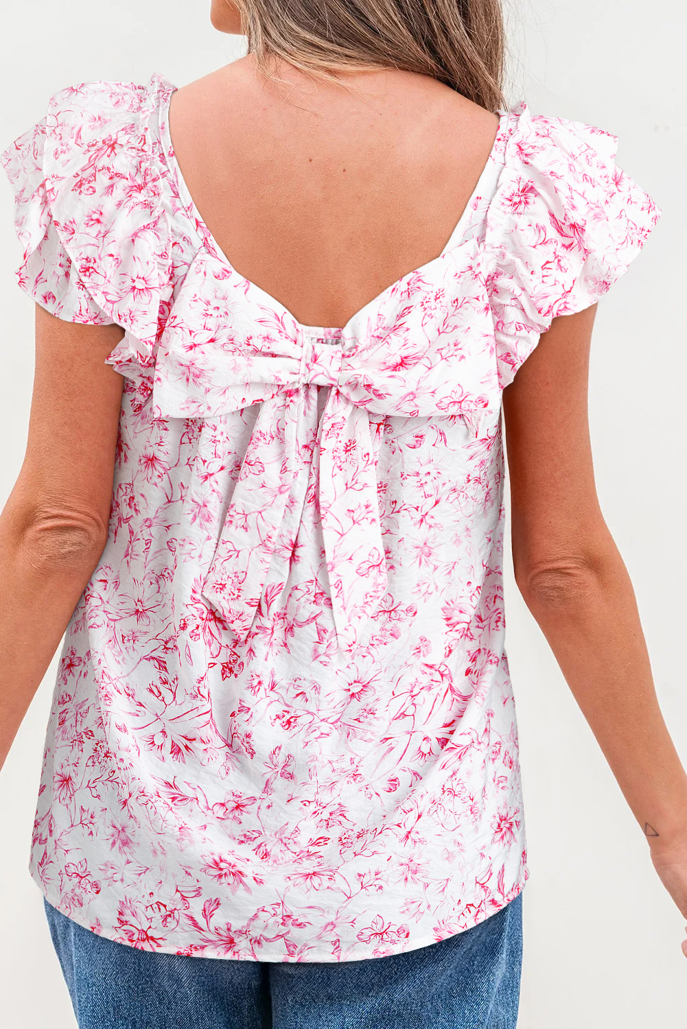 $6.3 Pink Floral Ruffled Short Sleeve Bow Back Square Neck Blouse Wholesale