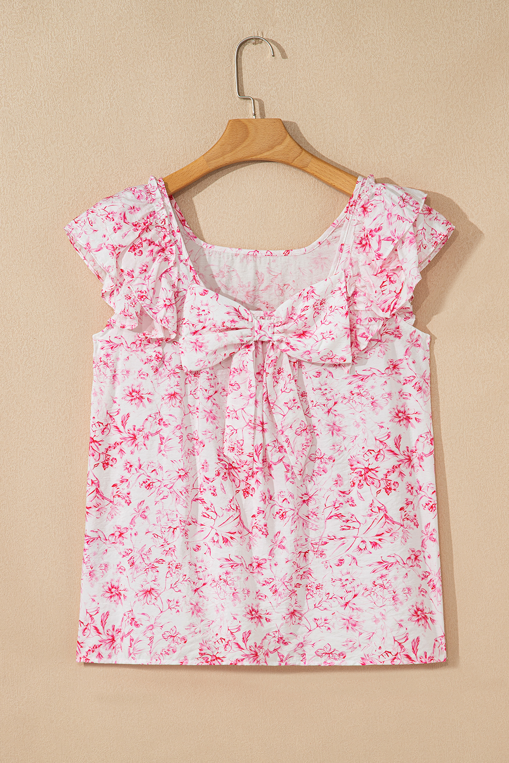 $6.3 Pink Floral Ruffled Short Sleeve Bow Back Square Neck Blouse Wholesale
