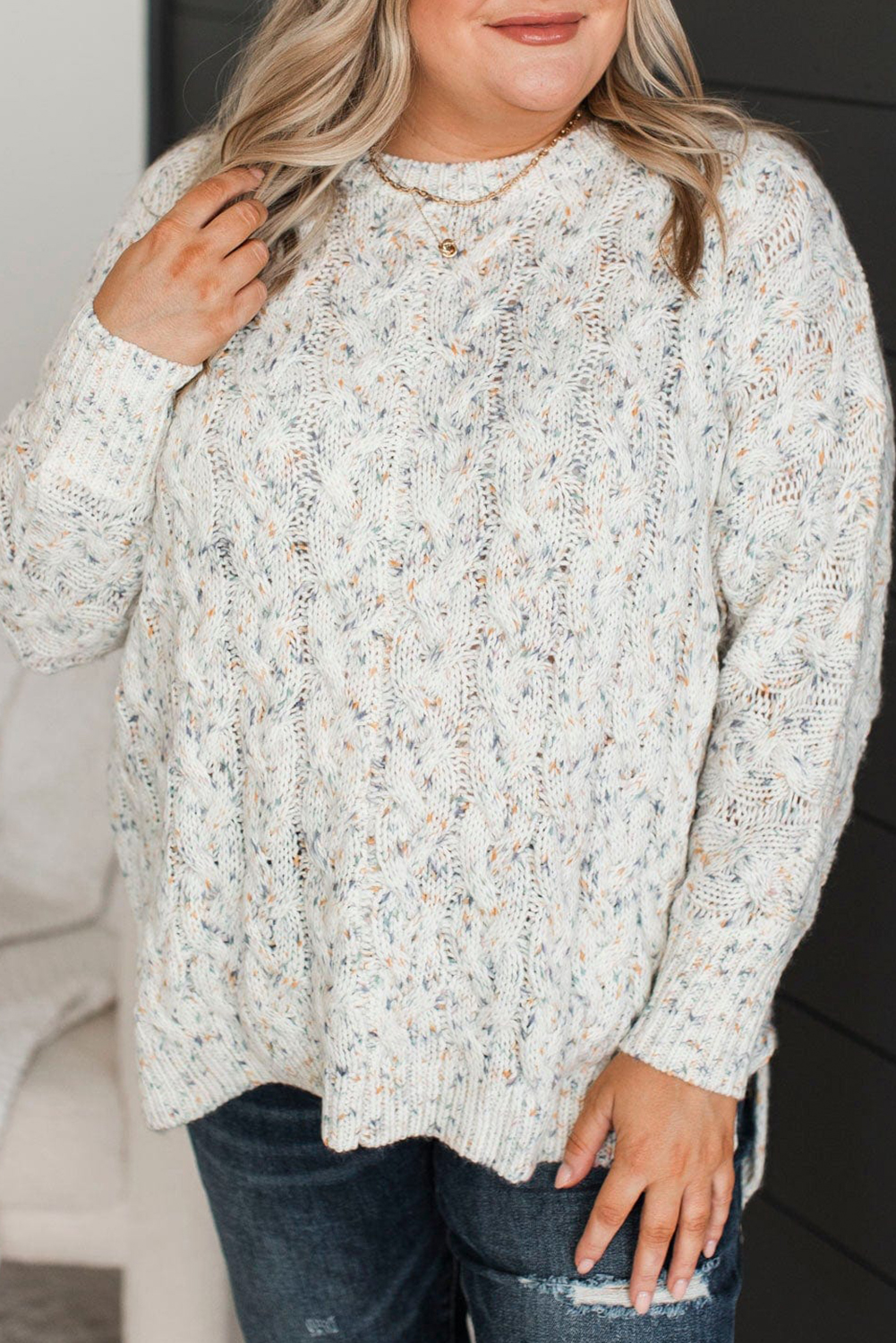 $10.45 White Cable Knit Plus Size Confetti Sweater Wholesale