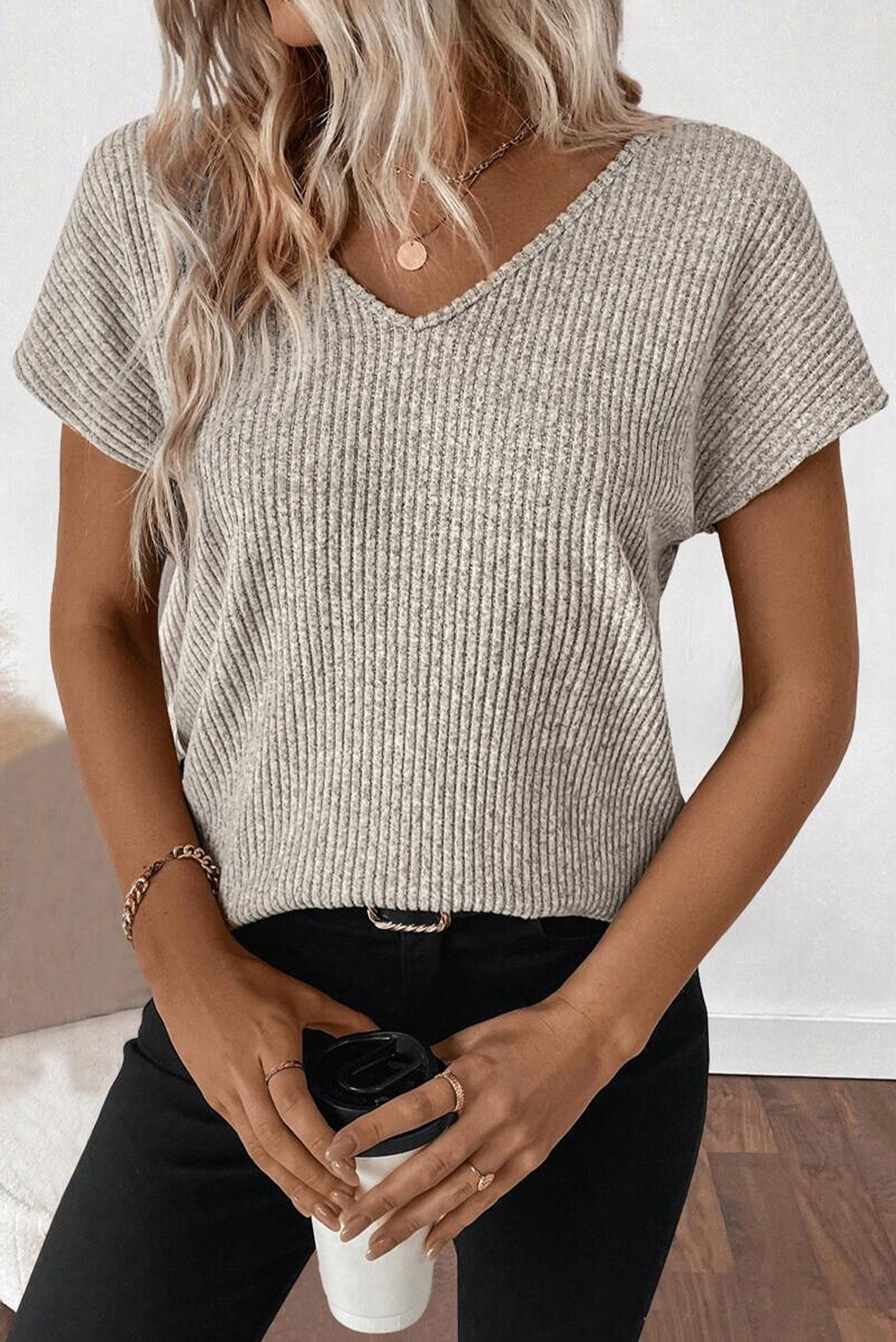 $4.25 Gray Morn Ribbed Short Sleeve V Neck Colorblock Bow Back Top ...