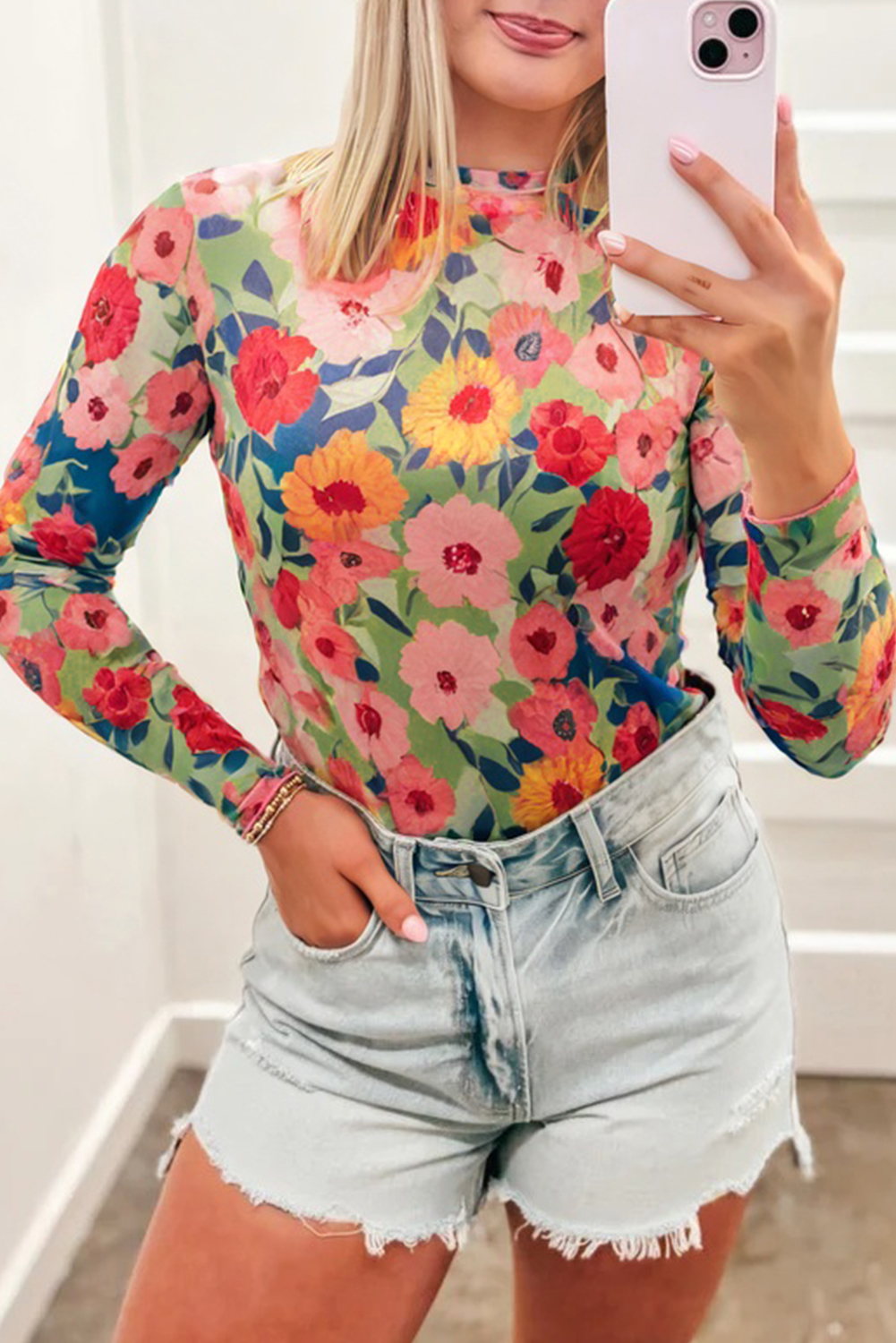 $4.72 Multicolour Bright Flower Printed Mesh Long Sleeve Top Wholesale